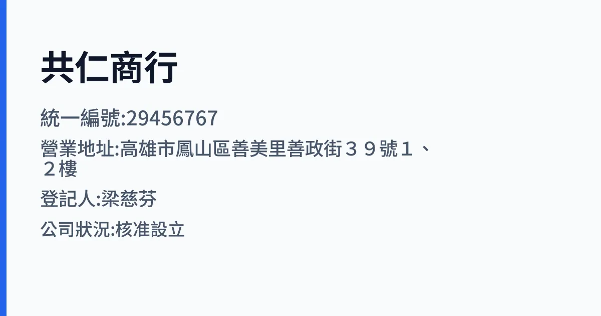 共仁商行 - 統編 29456767（高雄市） 公司登記資料與營業項目詳細圖表