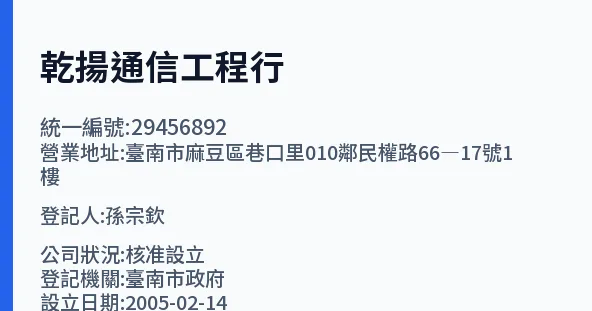 乾揚通信工程行的照片-統編 29456892(臺南市) 公司登記資料與營業項目詳細圖表
