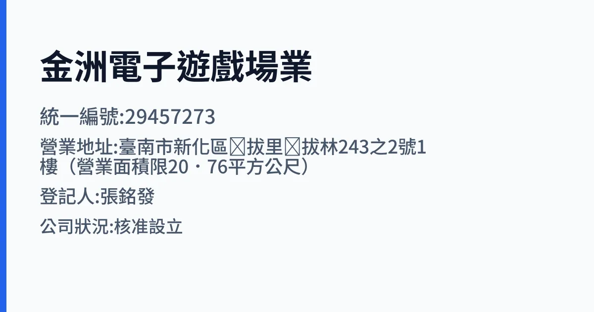 金洲電子遊戲場業 - 統編 29457273(臺南市) 公司登記資料與營業項目詳細圖表