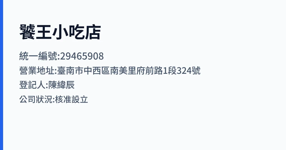 饕王小吃店 - 統編 29465908(臺南市) 公司登記資料與營業項目詳細圖表