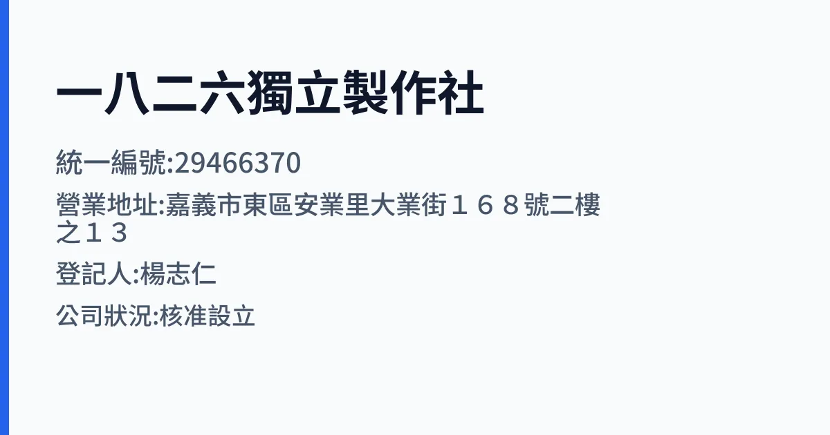 一八二六獨立製作社 - 統編 29466370(嘉義市) 公司登記資料與營業項目詳細圖表