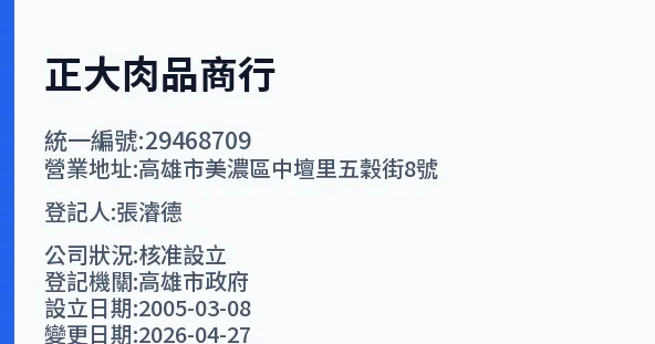 正大肉品商行的照片-統編 29468709(高雄市) 公司登記資料與營業項目詳細圖表