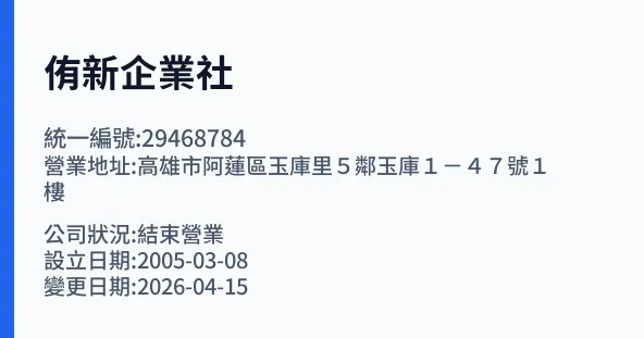 侑新企業社的照片-統編 29468784(高雄市) 公司登記資料與營業項目詳細圖表