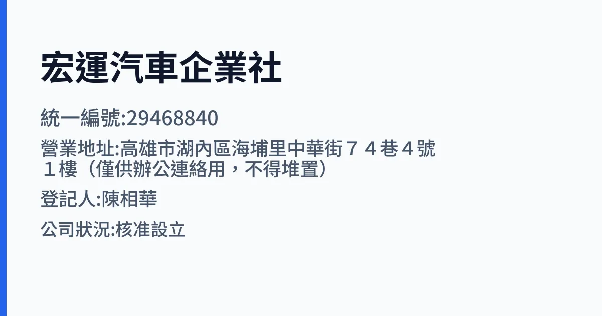 宏運汽車企業社 - 統編 29468840(高雄市) 公司登記資料與營業項目詳細圖表