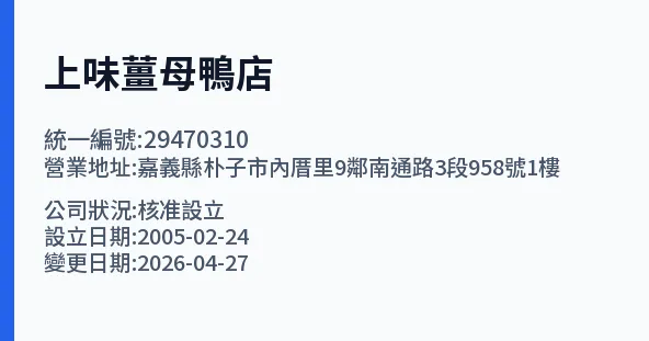 上味薑母鴨店的照片-統編 29470310(嘉義縣) 公司登記資料與營業項目詳細圖表