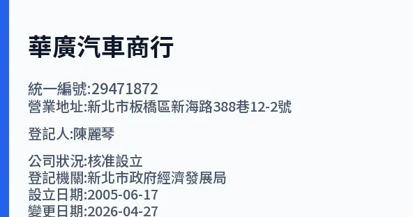華廣汽車商行的照片-統編 29471872(新北市) 公司登記資料與營業項目詳細圖表