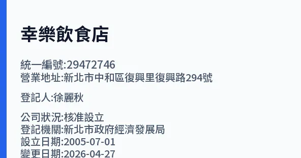 幸樂飲食店的照片-統編 29472746(新北市) 公司登記資料與營業項目詳細圖表