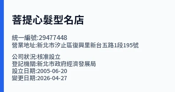 菩提心髮型名店的照片-統編 29477448(新北市) 公司登記資料與營業項目詳細圖表