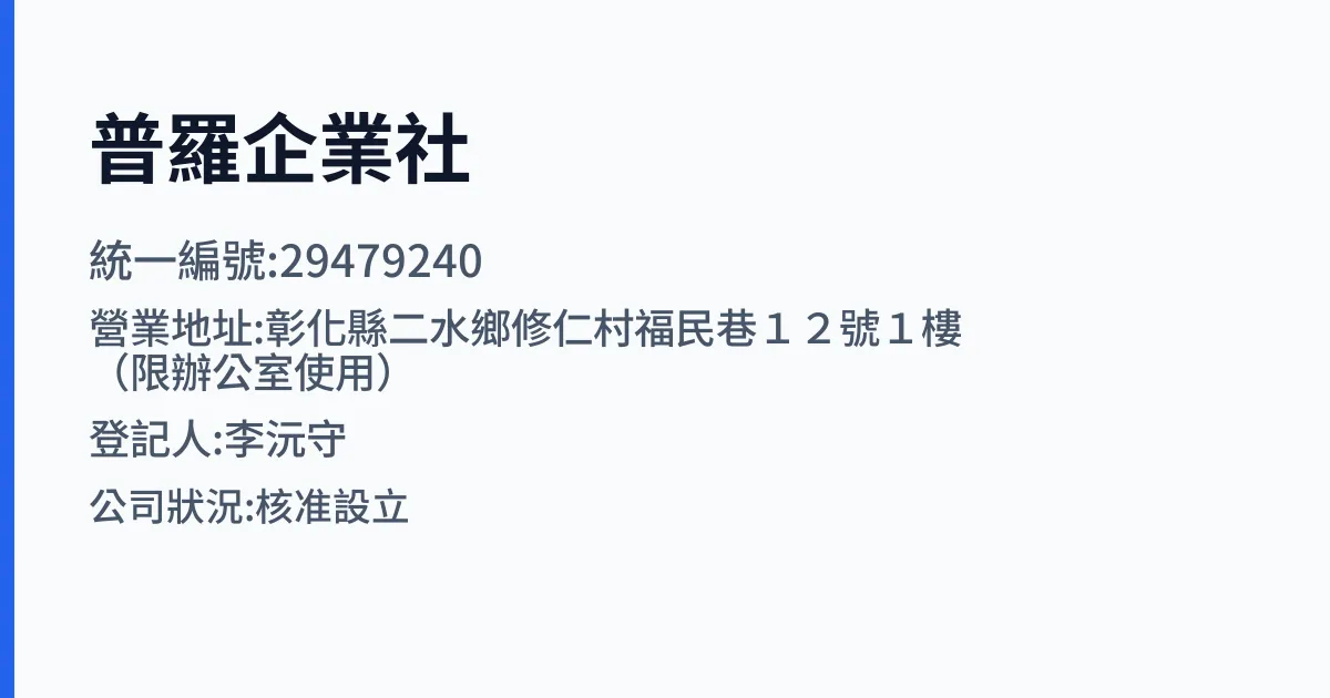 普羅企業社 - 統編 29479240(彰化縣) 公司登記資料與營業項目詳細圖表