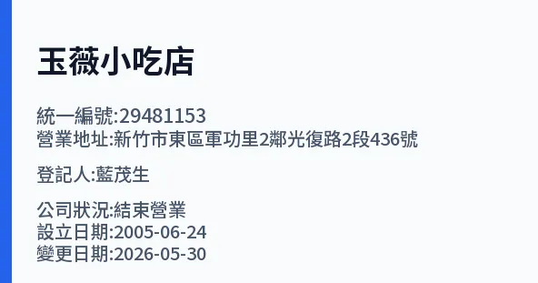 玉薇小吃店的照片-統編 29481153(新竹市) 公司登記資料與營業項目詳細圖表