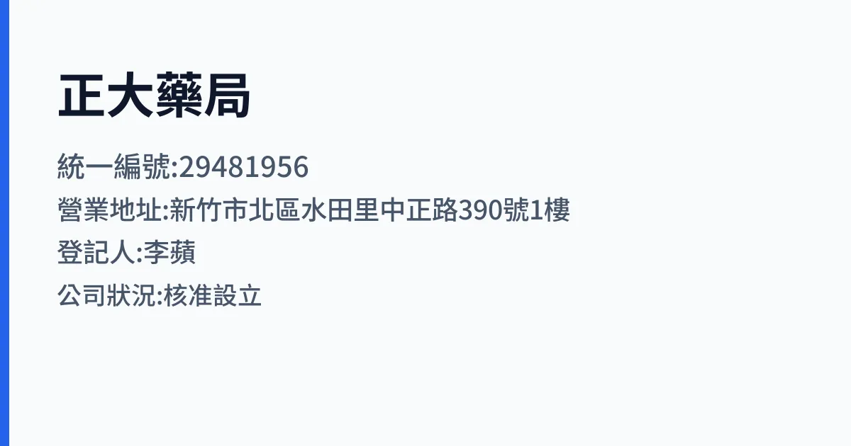正大藥局 - 統編 29481956(新竹市) 公司登記資料與營業項目詳細圖表