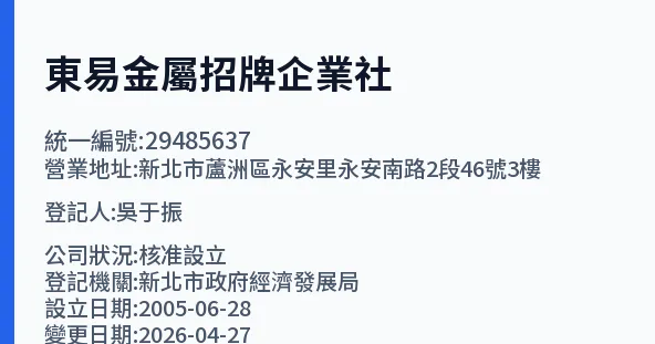 東易金屬招牌企業社的照片-統編 29485637(新北市) 公司登記資料與營業項目詳細圖表