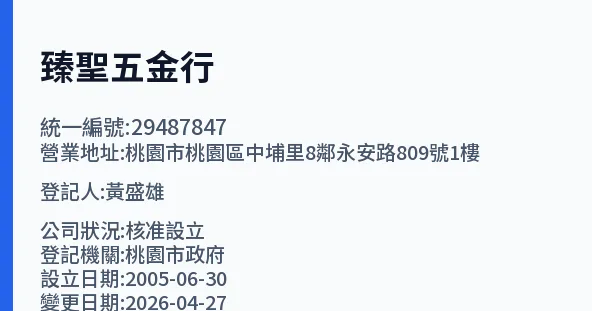 臻聖五金行的照片-統編 29487847(桃園市) 公司登記資料與營業項目詳細圖表