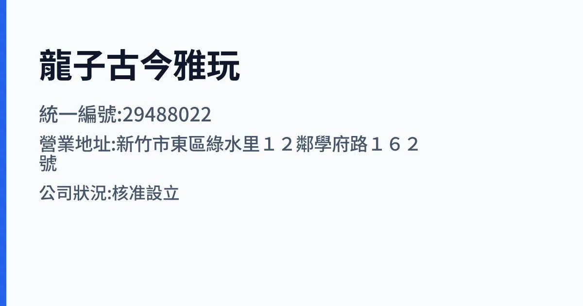 龍子古今雅玩 - 統編 29488022（新竹市） 公司登記資料與營業項目詳細圖表