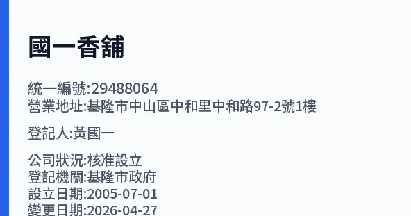 國一香舖的照片-統編 29488064(基隆市) 公司登記資料與營業項目詳細圖表