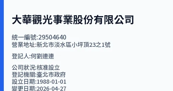 大華觀光事業股份有限公司的照片-統編 29504640(新北市) 公司登記資料與營業項目詳細圖表