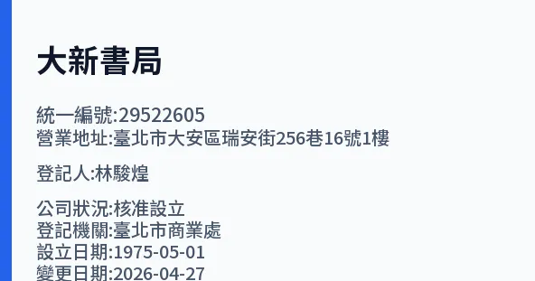 大新書局的照片-統編 29522605(臺北市) 公司登記資料與營業項目詳細圖表