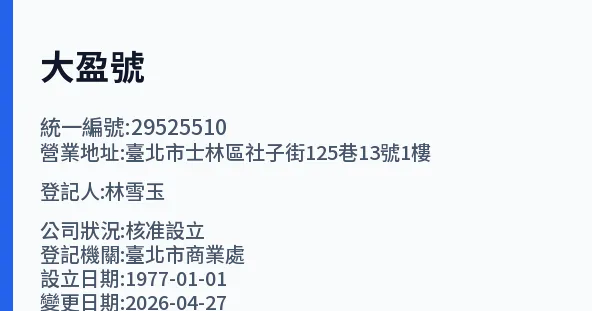 大盈號的照片-統編 29525510(臺北市) 公司登記資料與營業項目詳細圖表