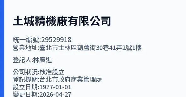 土城精機廠有限公司的照片-統編 29529918(臺北市) 公司登記資料與營業項目詳細圖表