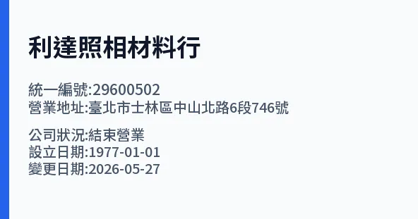 利達照相材料行的照片-統編 29600502(臺北市) 公司登記資料與營業項目詳細圖表