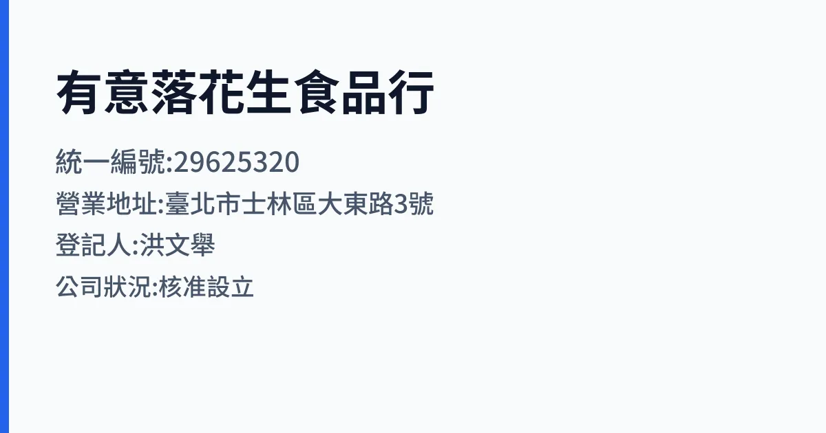 有意落花生食品行 - 統編 29625320（臺北市） 公司登記資料與營業項目詳細圖表