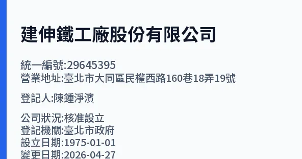 建伸鐵工廠股份有限公司的照片-統編 29645395(臺北市) 公司登記資料與營業項目詳細圖表