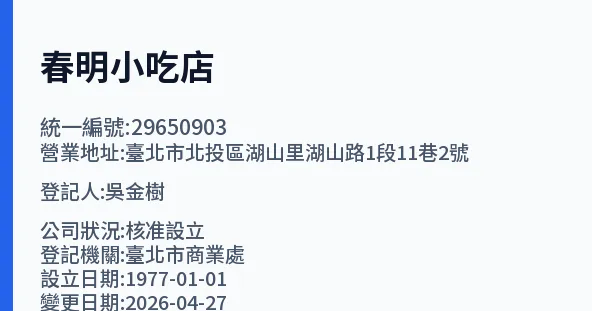 春明小吃店的照片-統編 29650903(臺北市) 公司登記資料與營業項目詳細圖表