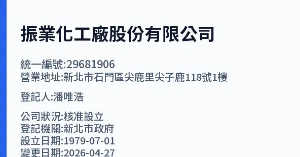 振業化工廠股份有限公司的照片-統編 29681906(新北市) 公司登記資料與營業項目詳細圖表