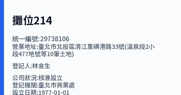 攤位214的照片-統編 29738106(臺北市) 公司登記資料與營業項目詳細圖表