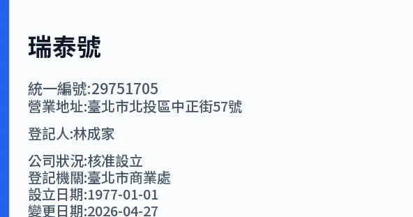 瑞泰號的照片-統編 29751705(臺北市) 公司登記資料與營業項目詳細圖表
