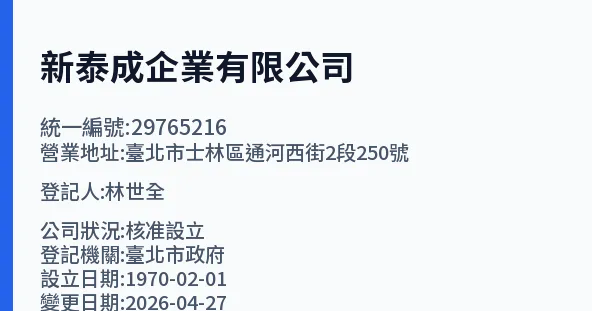 新泰成企業有限公司的照片-統編 29765216(臺北市) 公司登記資料與營業項目詳細圖表