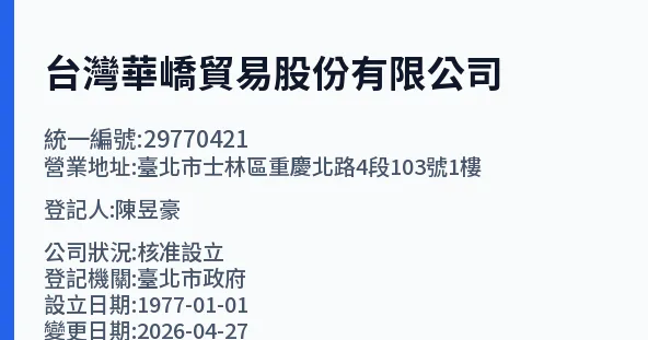 台灣華嶠貿易股份有限公司的照片-統編 29770421(臺北市) 公司登記資料與營業項目詳細圖表