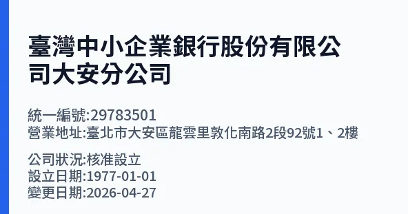 臺灣中小企業銀行股份有限公司大安分公司的照片-統編 29783501(臺北市) 公司登記資料與營業項目詳細圖表