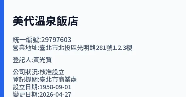 美代溫泉飯店的照片-統編 29797603(臺北市) 公司登記資料與營業項目詳細圖表