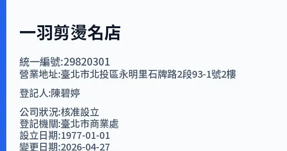 一羽剪燙名店的照片-統編 29820301(臺北市) 公司登記資料與營業項目詳細圖表