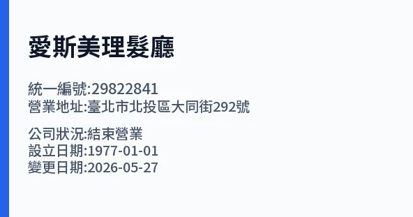 愛斯美理髮廳的照片-統編 29822841(臺北市) 公司登記資料與營業項目詳細圖表