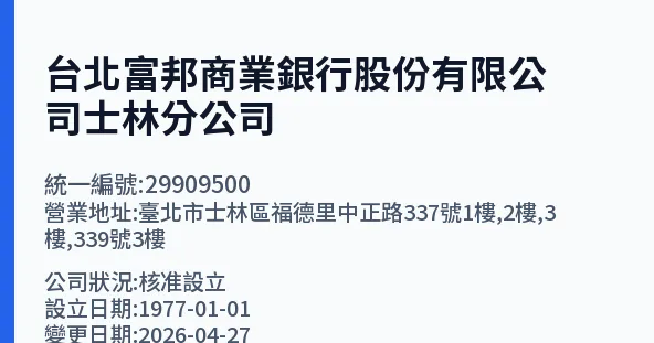 台北富邦商業銀行股份有限公司士林分公司的照片-統編 29909500(臺北市) 公司登記資料與營業項目詳細圖表