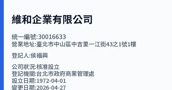 維和企業有限公司的照片-統編 30016633(臺北市) 公司登記資料與營業項目詳細圖表
