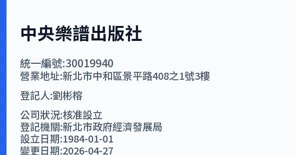 中央樂譜出版社的照片-統編 30019940(新北市) 公司登記資料與營業項目詳細圖表