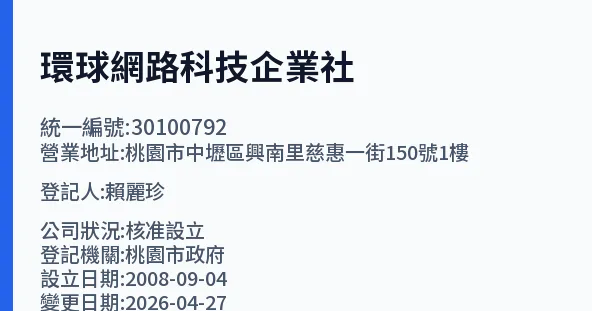 環球網路科技企業社的照片-統編 30100792(桃園市) 公司登記資料與營業項目詳細圖表