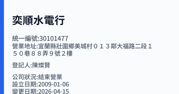 奕順水電行的照片-統編 30101477(宜蘭縣) 公司登記資料與營業項目詳細圖表
