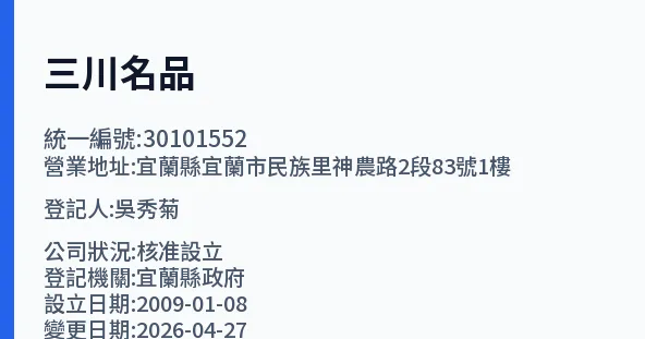 三川名品的照片-統編 30101552(宜蘭縣) 公司登記資料與營業項目詳細圖表
