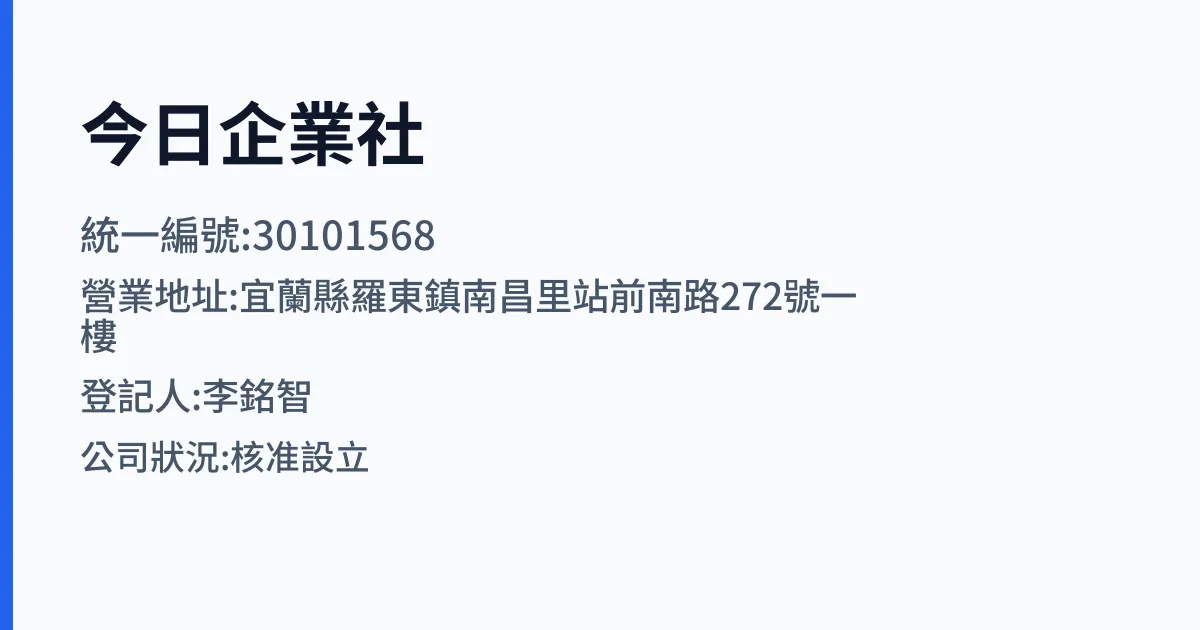 今日企業社 - 統編 30101568(宜蘭縣) 公司登記資料與營業項目詳細圖表