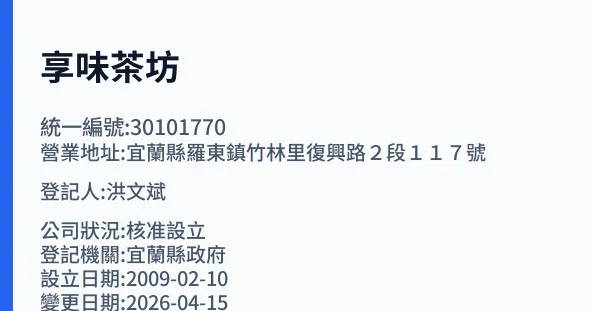 享味茶坊的照片-統編 30101770(宜蘭縣) 公司登記資料與營業項目詳細圖表
