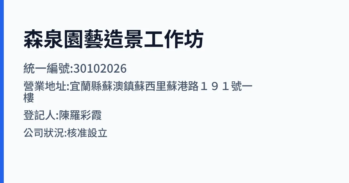 森泉園藝造景工作坊 - 統編 30102026(宜蘭縣) 公司登記資料與營業項目詳細圖表