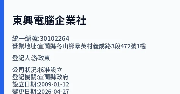東興電腦企業社的照片-統編 30102264(宜蘭縣) 公司登記資料與營業項目詳細圖表