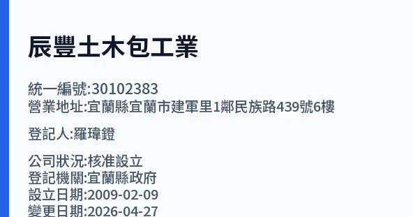 辰豐土木包工業的照片-統編 30102383(宜蘭縣) 公司登記資料與營業項目詳細圖表