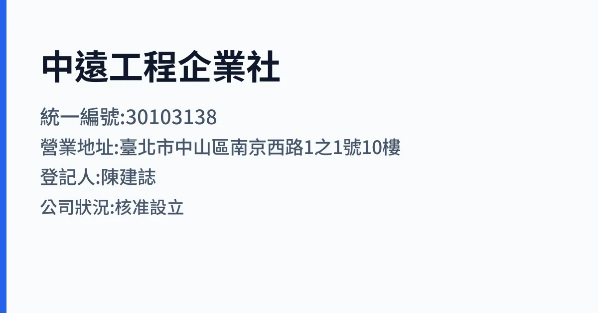 中遠工程企業社 - 統編 30103138(臺北市) 公司登記資料與營業項目詳細圖表