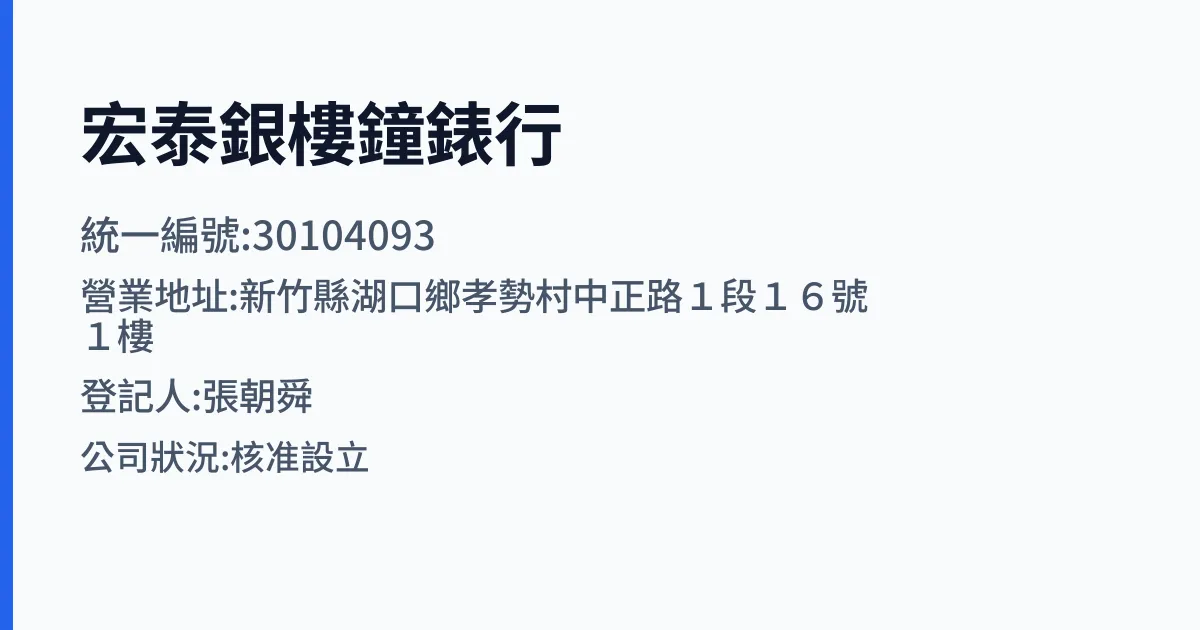 宏泰銀樓鐘錶行 - 統編 30104093(新竹縣) 公司登記資料與營業項目詳細圖表