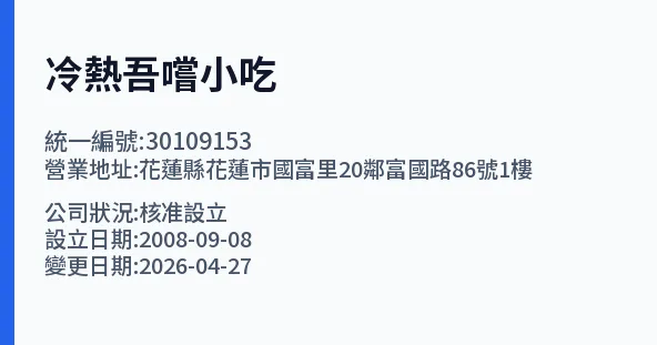 冷熱吾嚐小吃的照片-統編 30109153(花蓮縣) 公司登記資料與營業項目詳細圖表